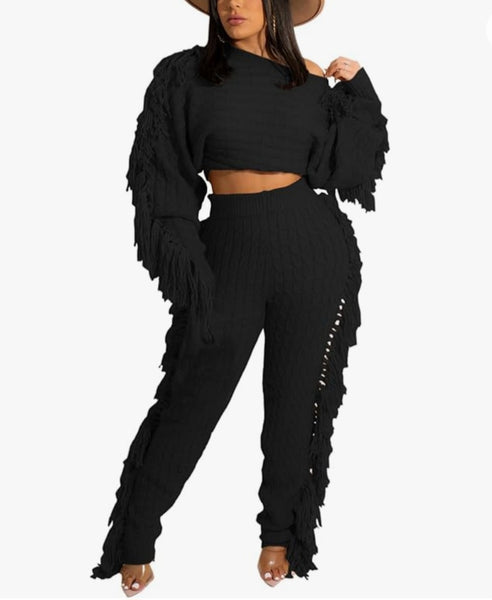 GIVE IT TO EM' 2 PIECE FRINGE SET- BLACK – FlyChicFashions